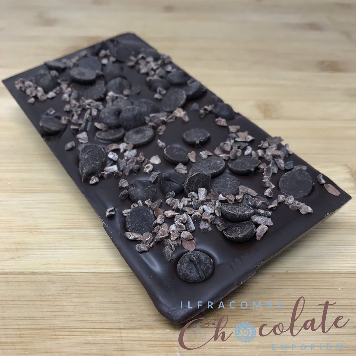 Deluxe Dark Chocolate with 70% chocolate drops and Cacao Nibs bar ...